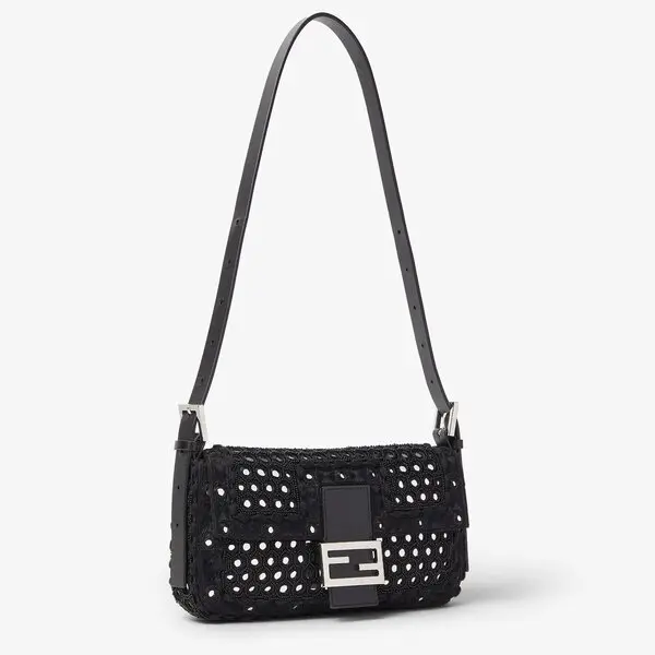 Fendi Baguette® 26424 Re Edition Bag With Black Embroidery And Mirrors